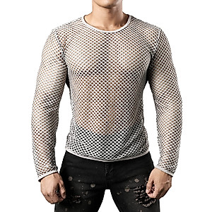 JOGAL Men's Mesh Fishnet Fitted Long Sleeve Muscle Top X-Large WG04 Grey