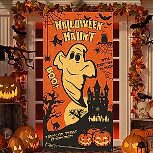 Vintage Halloween Door Cover Johanna Parker Halloween Trick or Treat Hanging Banner, Retro Halloween Ghost Haunt Pumpkin Backdrop Sign, Victorian Style Witches Ghosts Vintage Theme Party Supplies
