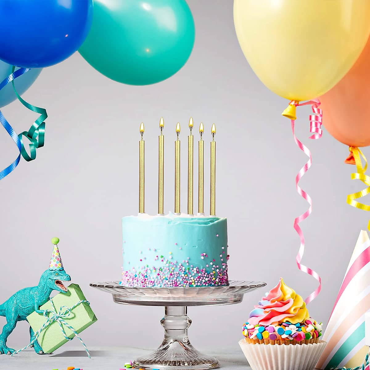 24 Count Party Long Thin Cake Candles Metallic Birthday Candles in Holders for Birthday Cakes Cupcake, Gold