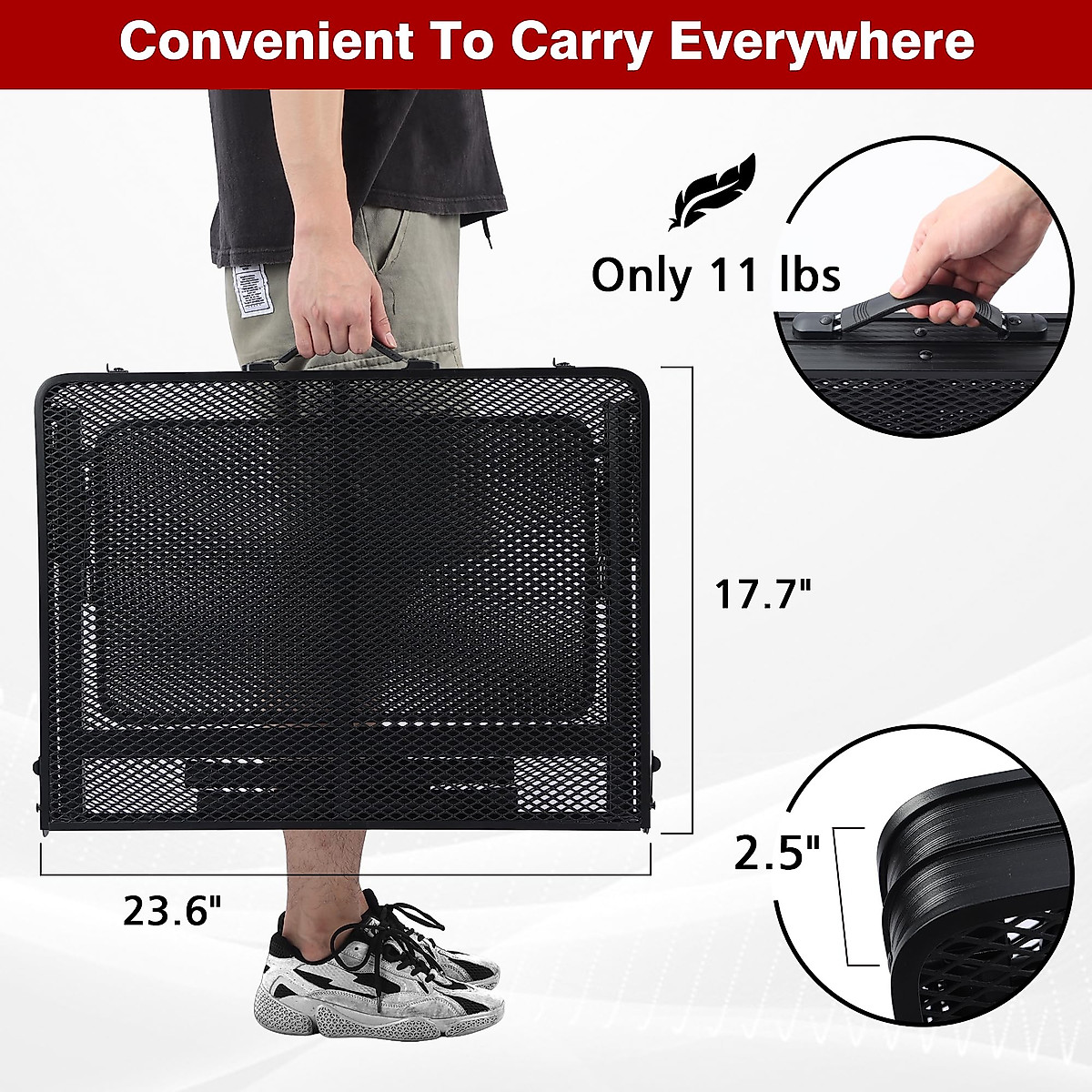 JOUYEK Folding Grill Table, 3x2 FT Portable Camping Table with 2 Wing Panels, Height Adjustable Metal Tables with Mesh Desktop and Mesh Bag, Outdoor Furniture for Camping, Picnic, Beach and BBQ, Black