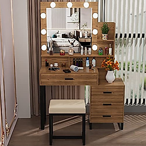 PakaLife Makeup Vanity Desk with Mirror and 3-Color Lights, 39.4" Makeup Vanity Set with Drawers, Storage Shelves and Stool, 3 Lighting Modes Adjustable, White Vanity (Brown)