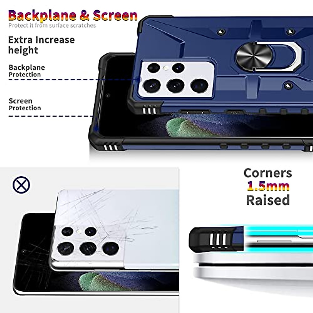 Vecomelo for Samsung Galaxy S21 Ultra Case with HD Screen Protector, [Military Grade] 16ft. Drop Tested Cover with Magnetic Kickstand Car Mount Protective Case for Samsung S21 Ultra 5G, Blue