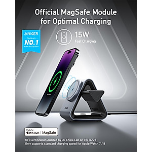 Anker MagSafe Charger Stand, 737 MagGo Charger, 3-in-1 Charging Stand with MFi-Certified 15W Max Fast Charging, iPhone 15/14/13/12 Series, Apple Watch S8/7/6, AirPods, 30W USB-C Charger Included