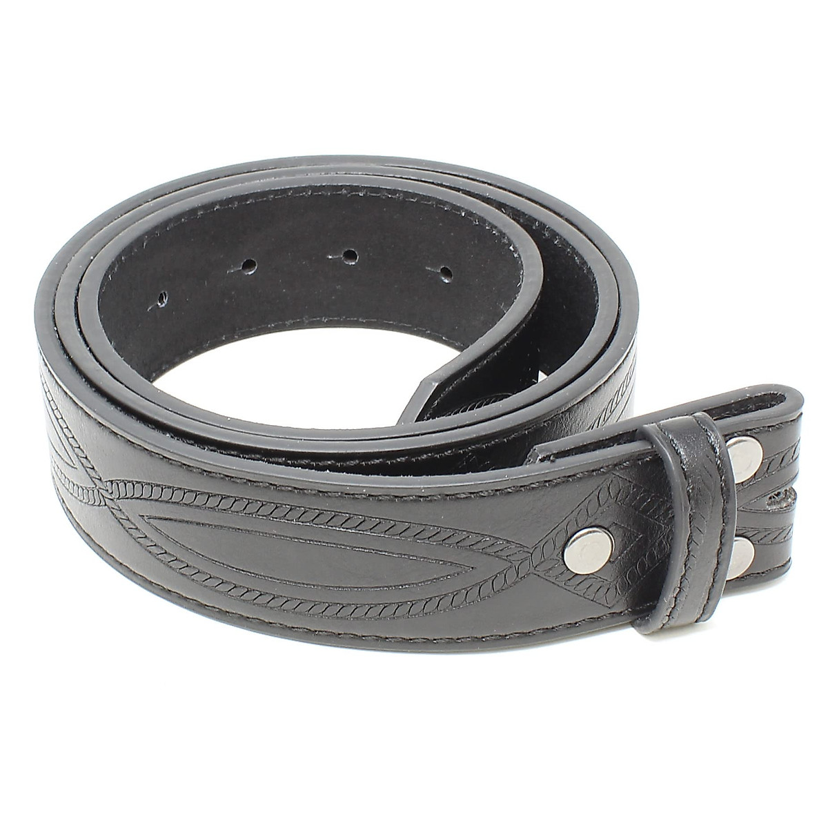 BC Belts Leather Belt Strap with Fancy Saddle Stitch Embossed Pattern 1.5" Wide with Snaps (Black-S)
