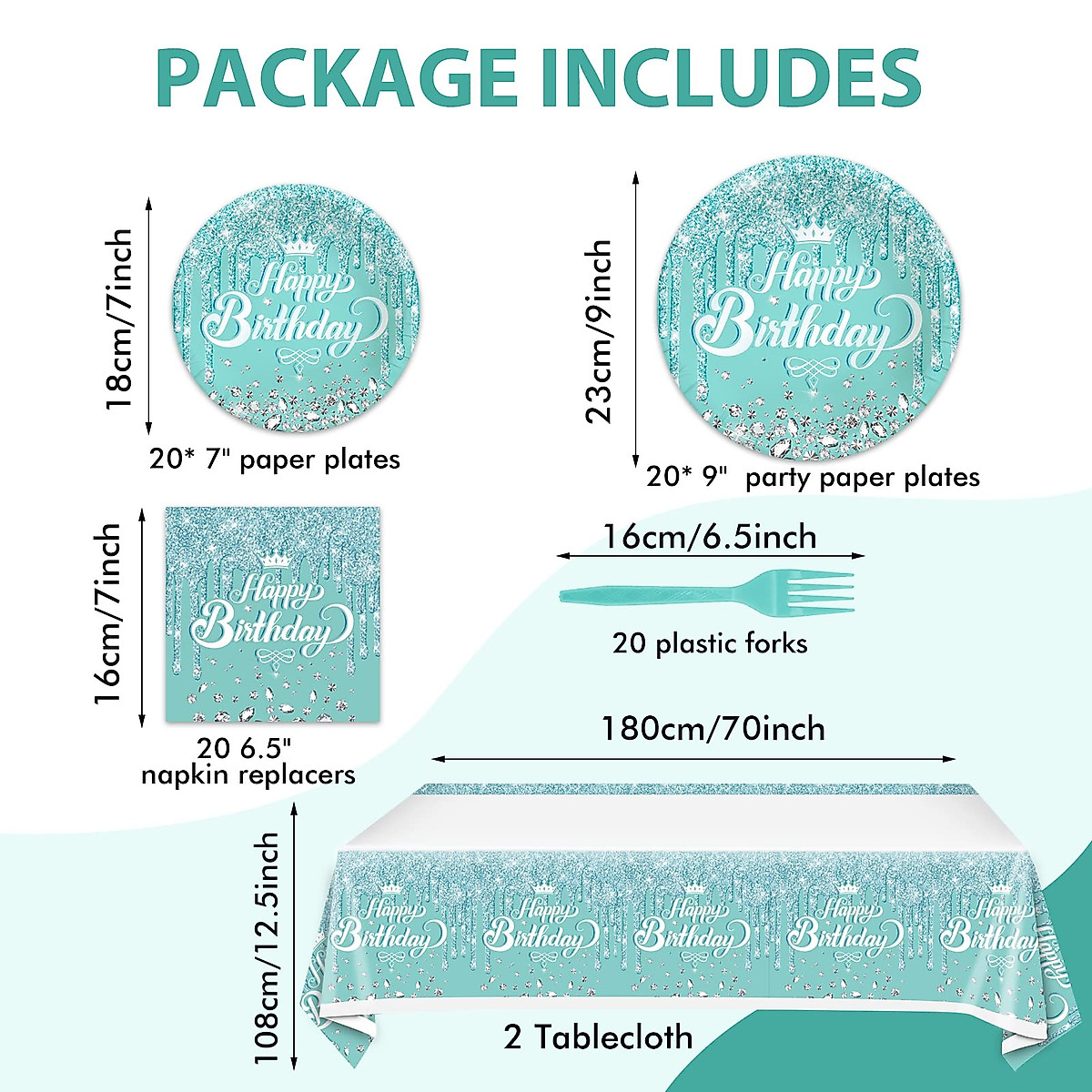 82PCS Teal Birthday Decorations Teal and Silver Tableware Set for Happy Birthday Party Decorations Breakfast Blue Theme Table Covers Plates Napkins for Girls Women Silver GlitterParty Supplies