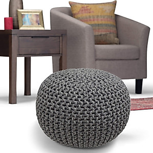 SIMPLIHOME Nikki Round Hand Knit Pouf, Footstool, Upholstered in Grey Cotton, for the Living Room, Bedroom and Kids Room, Boho