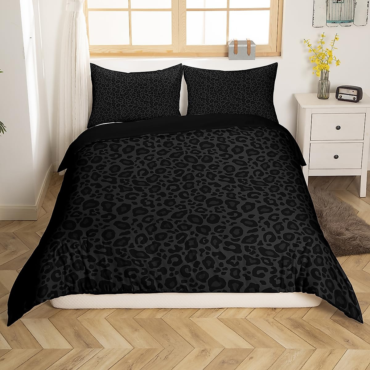 Manfei African Cheetah Wildlife Bedding Set King Size Black Wild Animal Skin Duvet Cover for Teens Adults Leopard Print Comforter Cover Decorative Room with 2 Pillowcases