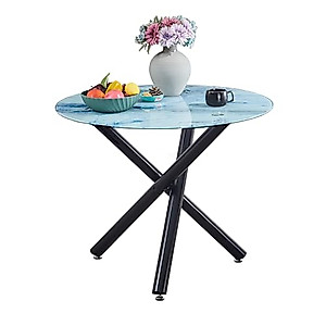 paonne Round Glass Dining Table with Gray Marble Glass Top and Silver Legs, Modern Round Glass Kitchen Table for Apartment/Restaurant/Dining Room 35.43" D x 35.43" W x 29.5" H