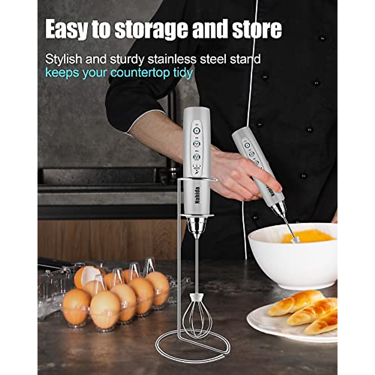 Nahida Handheld Milk Frother for Coffee with Stand， Rechargeable Drink Foam Mixer with 3 Heads 3 Speeds Electric Stirrers for Latte, Cappuccino, Hot Chocolate, Egg, Cord-Free