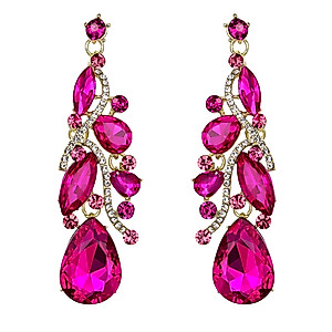 BriLove Women's Bohemian Boho Dangle Earrings with Crystal Multi Teardrop Filigree Cluster Chandelier Fuchsia Gold-Tone