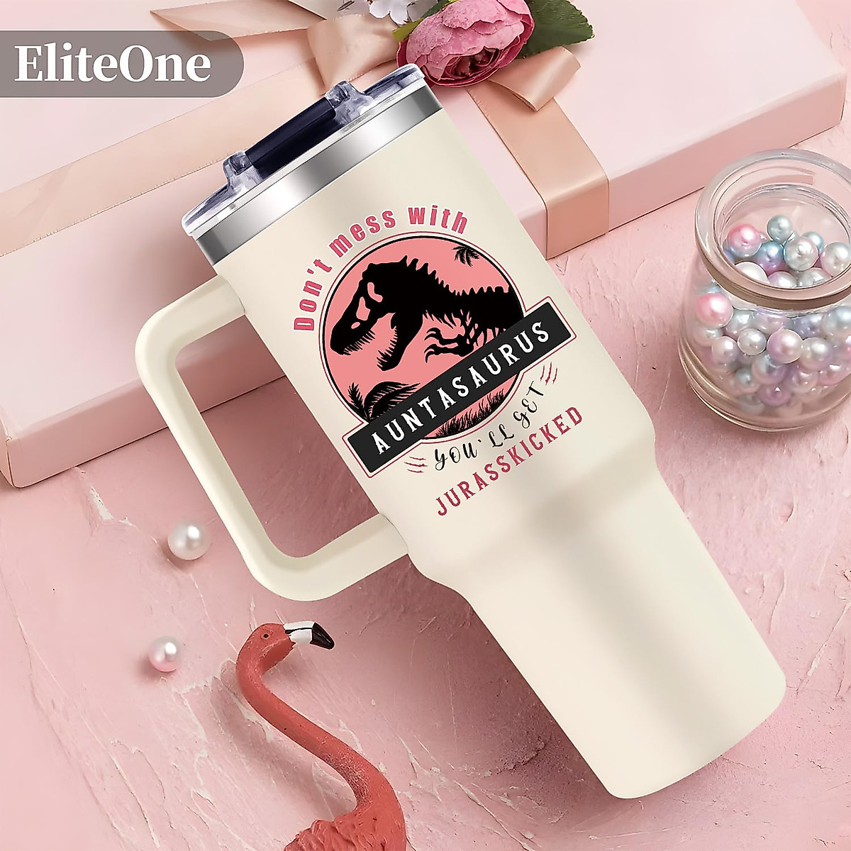 Aunt Tumbler Gift for Aunt For Mothers Day from Niece Aunts Gifts from Nephew - 40oz Beige Funny Tumbler Dinosaur Cup - Unique Birthday Gift Thank You Christmas