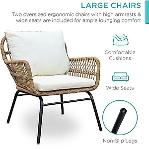 Backrest Wicker Chair Handmade Rattan Chair Outdoor Wicker Chair Set with Metal Feet, Pillows, Seat Cushions and Round Tempered Glass Table for Patio,Balcony,Backyard, Natural Color