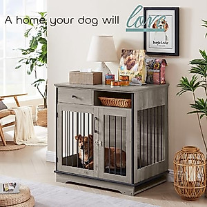DOSSMBOLA 32'' Wooden Dog Crate Furniture for Medium Small Dogs, Dog Kennel Dog Crate with Pull-Out Tray, Storage Drawer, End Table Dog Cage - Gray