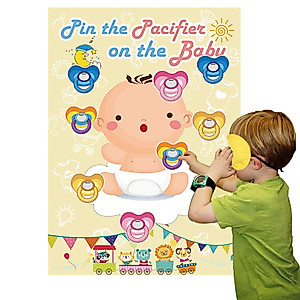 Hooqict Pin The Pacifier On The Baby Game, Baby Pacifier Games Poster with 72pcs Pacifiers Stickers Baby Shower Games Party Favors Girls Boys Kids Birthday Party Supplies