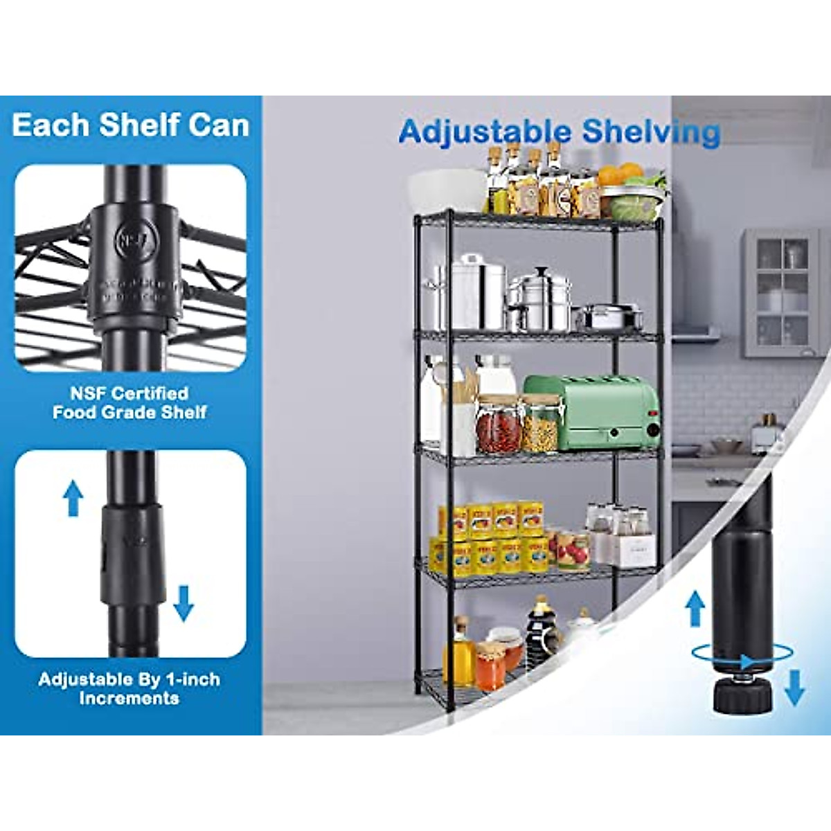 5-Tier Metal Wire Shelving Unit Kitchen Shelf Organizer Garage Storage Rack Utility Shelf Snack Shelf, NSF Certified Storage Shelves for Storage, Garage Shelving Kitchen Storage Shelf Pantry Shelves
