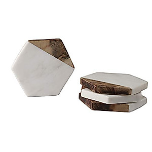 GoCraft Marble & Wood Coasters | Handcrafted Geometric White Marble Coasters with Mango Wood for Your Drinks, Beverages & Wine/Bar Glasses (Set of 4)