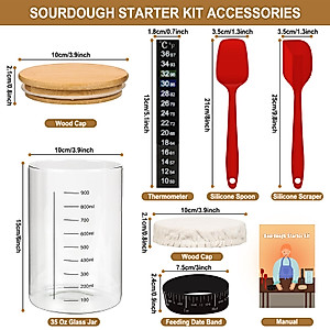 Sourdough Starter Jar Kit with 35 Oz/1000 ml Sourdough Bread Baking Supplies with Thermometer, Feeding Date Band, Silicone Scraper, Silicone Spoon Cloth Cover & Wood Lid, Wide Mouth Dough Starter Jar