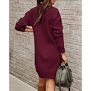 FSHAOES Womens Turtleneck Cable Knit Sweater Dress Fall Winter Long Sleeve Bodycon Mini Dresses Solid Long Pullover Jumper Wine Red