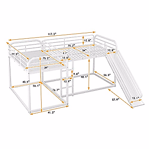 EOVTK L-Shaped Metal Bunk Bed for 4, Full and Twin Size Bunk Quad Bed Frame with Slide, Short Ladder and Safety Guardrail for Kids Teens Adults, White