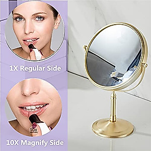 HIHIA Brushed Gold Makeup Mirror Tabletop, Double-Side 1X-10X, Freestanding 360 Swivel Cosmetic Vanity Mirror for Table Desk, Made of Copper， No Light Brushed Gold (8 Inch, 10X)