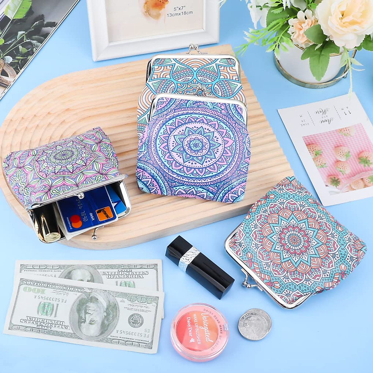 Oyachic 4 Pcs Mandala Coin Purses,PU Leather Change Purse,Vintage Wallets with Clasp Kiss-lock,Cute,Small Clutch Pouch for Woman Girls