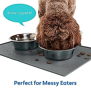MIGHTY MONKEY Silicone Pet Feeding Mat, 22x14, Waterproof Placemat for Dog and Cat Bowls, Raised Edges, Prevent Water Spills and Food Messes on Floor, Paw Print Tray Mats, Dishwasher Safe, Gray