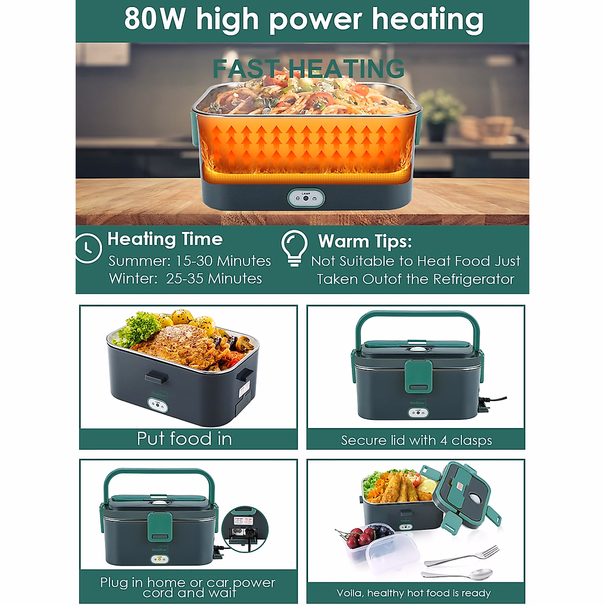Buddew Electric Lunch Box 80W Food Heater 1.8L Large Capacity Heated Lunch Box 3 in 1 12V/24V/110V Portable Lunch Warmer for Car/Truck/Home/Office with Carry Bag and Fork and Spoon (Gray+Green)