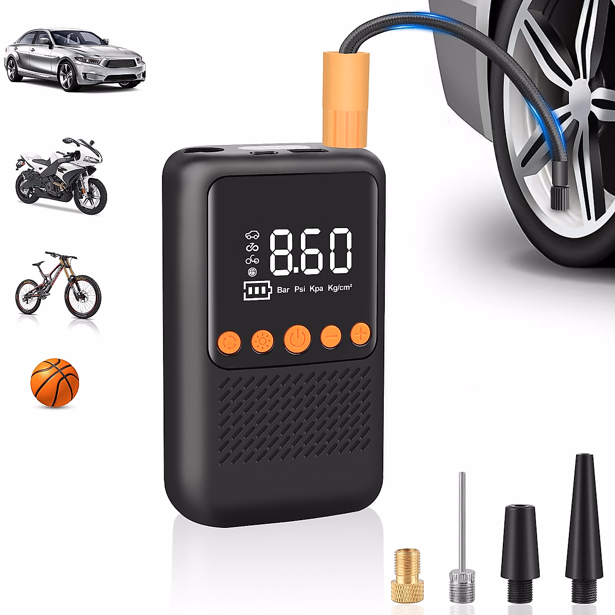 Electric Tire Inflator Portable Air Compressor - Cordless Air Pump for Car Tires Bike Tires - Bicycle Pump with Air Pressure Gauge