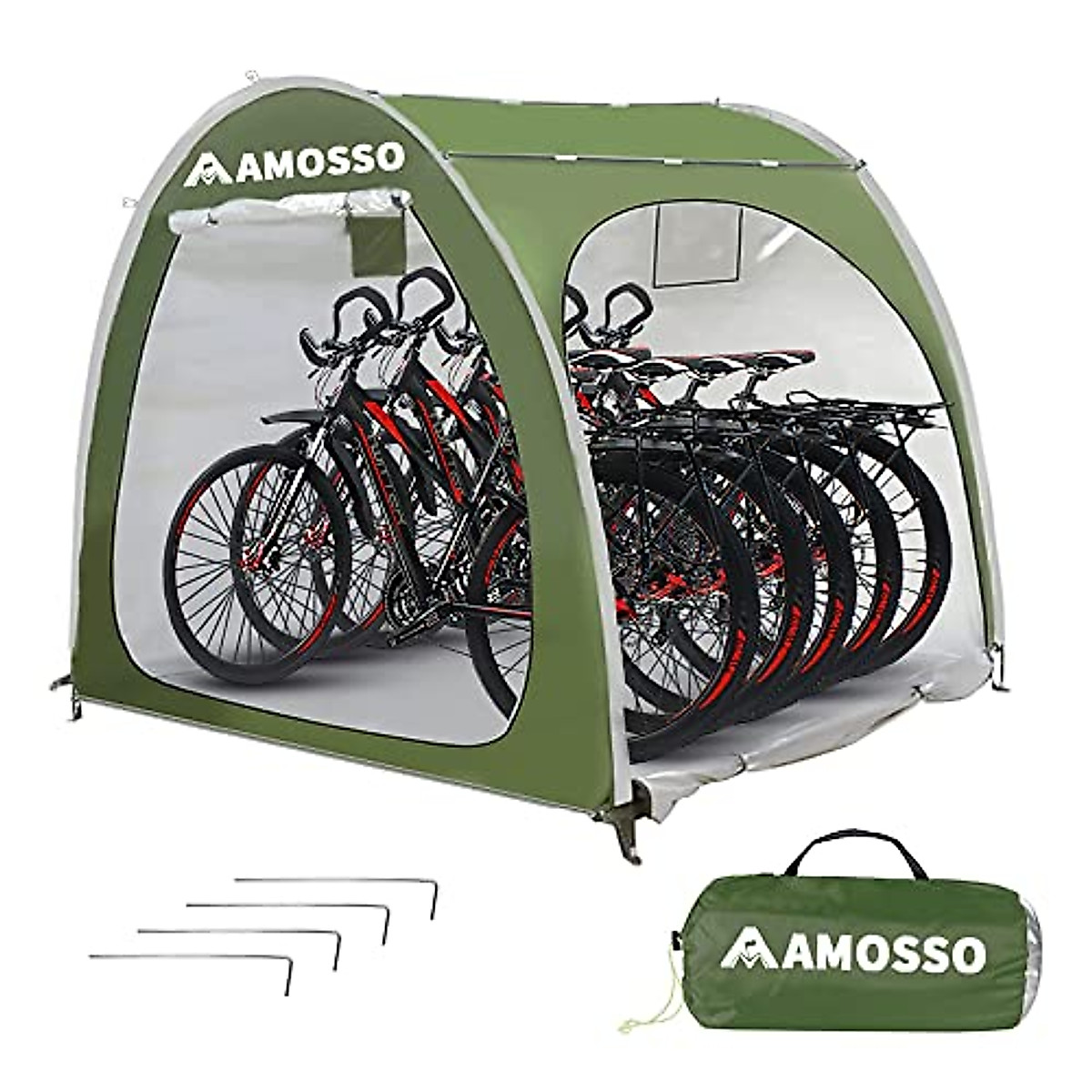 AMOSSO 4 or 5 Bike Shed Tent, Extra Thick 210D Silver Coated Oxford Waterproof & Sunproof, Double Side Opening Portable Storage Sheds Outdoor with Floor for Motorcycle, Bicycle, Garden Tools, Green