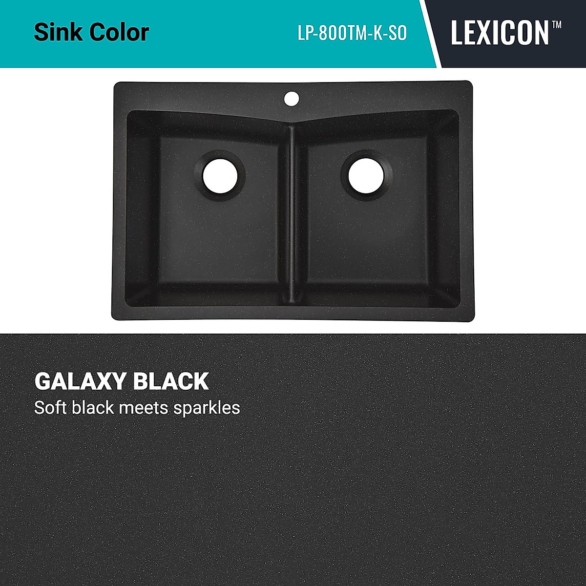 33" x 22" Quartz Kitchen Sink, Double Bowl Kitchen Sinks, Drop in sink, large sinks Quartz Undermount Kitchen Sink, Galaxy Black Kitchen Sink, Double Sink Kitchen, Lexicon Platinum LP-800TM-K-SO