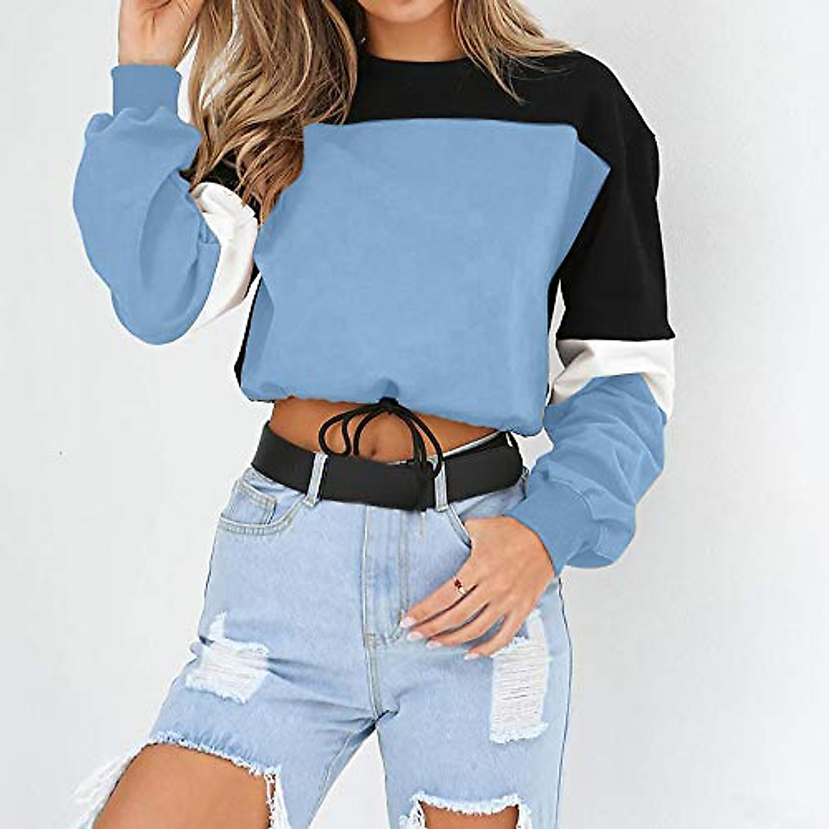 Long Sleeve Sweatshirt for Women THENLIAN Womens Long Sleeve Splcing Color Sweatshirt Pullover Tops Blouse(Blue, XL)