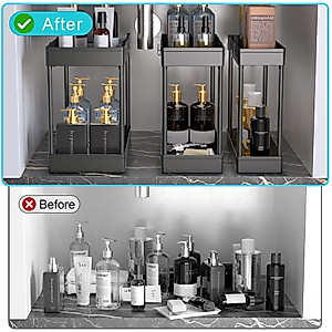 JuJeKwk Bathroom Organizer Under Sink 3 Pack, 2 Tier Bathroom Cabinet Organizer, Large capacity Under Sink Organizer, Bathroom Counter Organizer with 12 Hooks