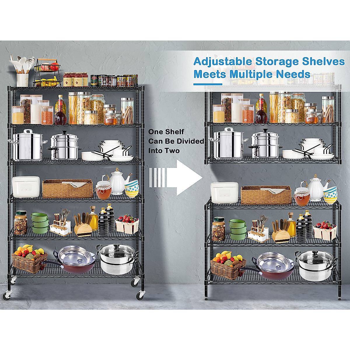 6000Lbs Capacity Storage Shelves, 6 Tier NSF Certified Heavy Duty Wire Shelving with Wheels, 48"Lx18"Wx78"H Adjustable Metal Shelving for Restaurant Pantry Kitchen, Storage Rack Utility Shelf