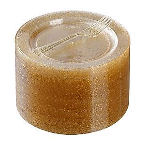 Goodluck 60 Plastic Dessert Plates 6.3" with 60 Plastic Forks 5.7", Gold Glitter Disposable Plates for 60 Guests, Heavy Duty Plastic Plates for Party, Appetizer Plates for Wedding