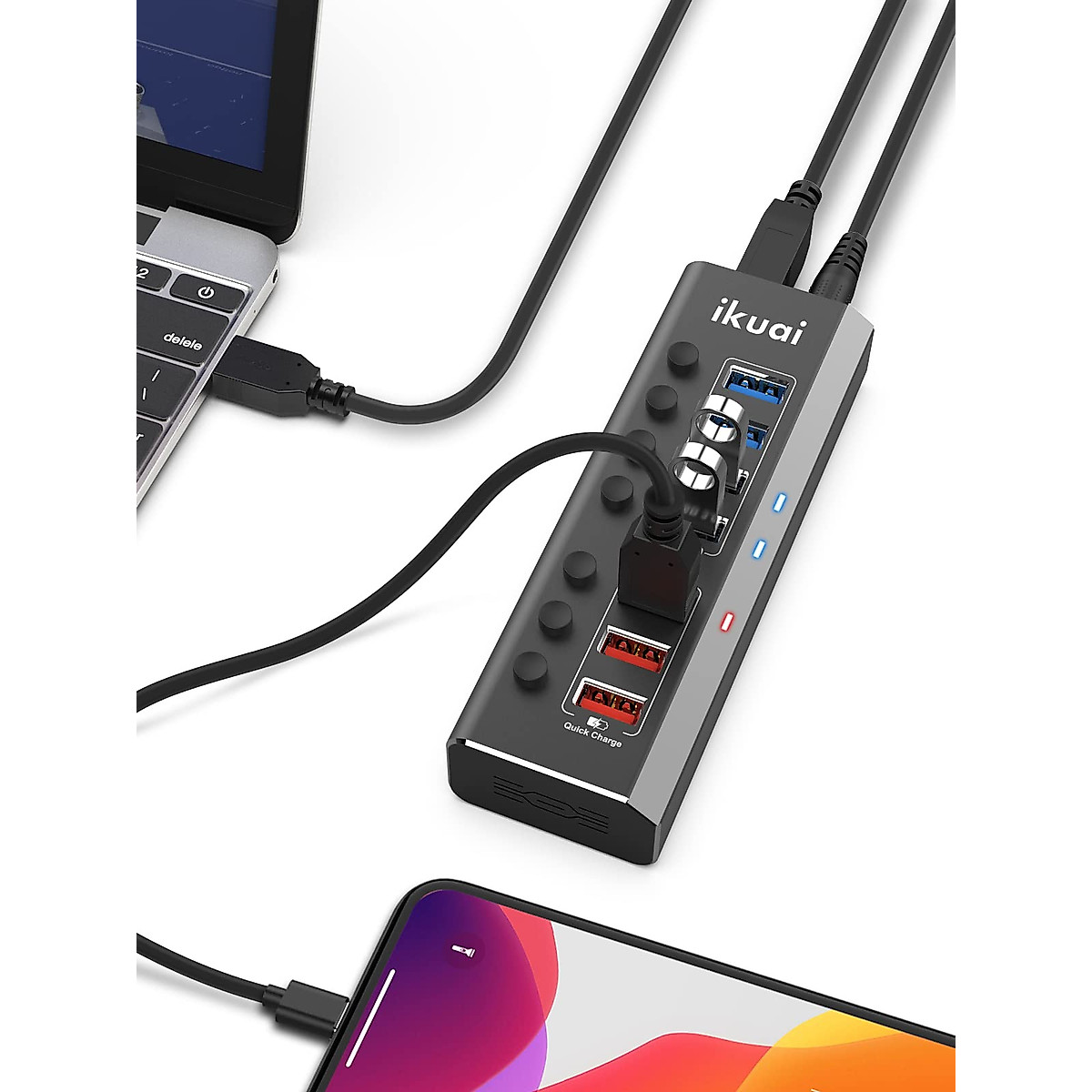 Powered USB 3.0 Hub, ikuai 7 Ports Aluminum USB Splitter Hub (3 Faster Data Transfer Ports+ 4 Smart Charging Ports) with Individual LED On/Off Switches, Multi USB Port for PC, Mac (RSW-A37)