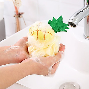 3 Pack Shower Sponge Poufs/Mesh Bath Loofahs Ball, Body Cleaning Washing Scrubber / 2 in 1 Cute Fruits Shaped Bathroom Bubbler Accessory for Dry Skin Exfoliating, Cellulite, Massage