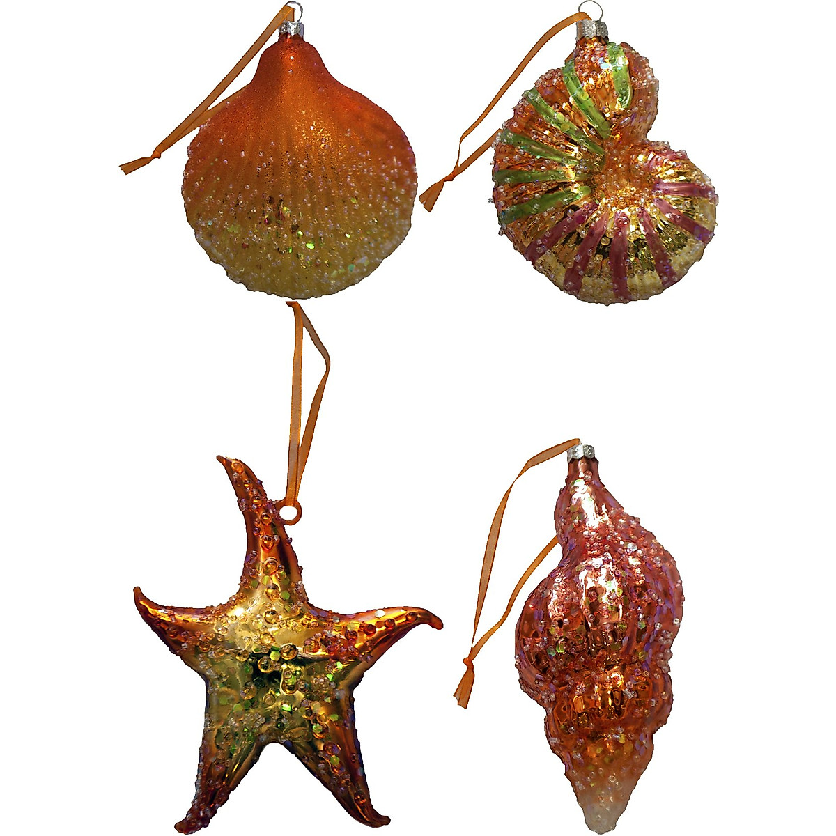 Glass Art Coastal Sea Shell Christmas Ornaments - Set of 4 (Orange)