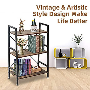 TooCust 3 Tier Bookshelf, 37" x 23" x 12.6", 3 Tier Bookcase, Small Bookshelf, Short Bookshelf, 3 Shelf Bookshelf, Vintage Standing Metal Frame Book Shelves, Rustic Brown