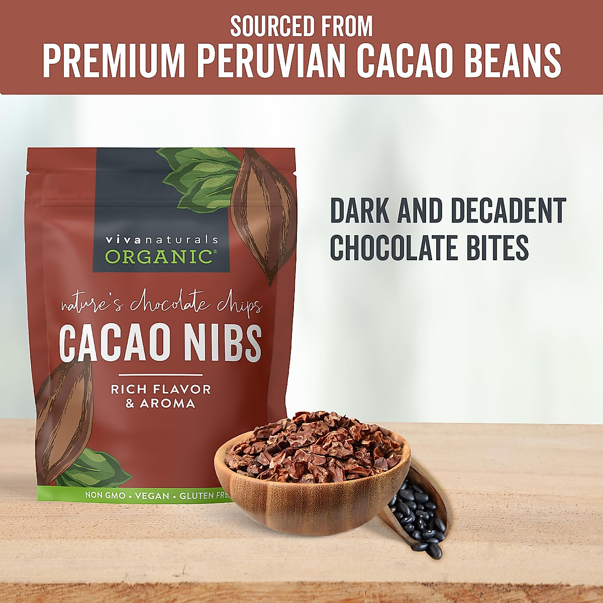 Viva Naturals Organic Cacao Nibs, 1 Lb - Certified Keto and Vegan Superfood, Perfect for Gluten Free Baking, Cacao Nib Smoothies and Healthy Snacks, Premium Criollo Beans, Non-GMO