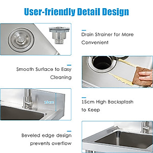 Utility Outdoor Sink for Washing, Stainless Steel Sink, with Faucet Drain, Storage Shelve Commercial Restaurant Sink for Laundry Garden Backyard Garage Outdoor (19.7"W x 19.7"D x 31.5"H)