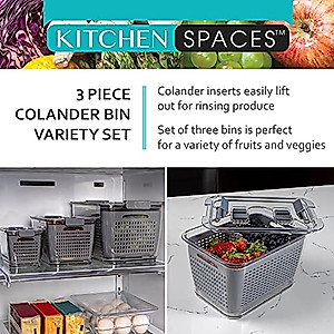 Kitchen Spaces Gray Colander Bin Variety Pack, Fridge Organizers, Produce Storage, Keep Vegetables Fresh, Lettuce, Grape or Strawberry Holder, Three Sizes