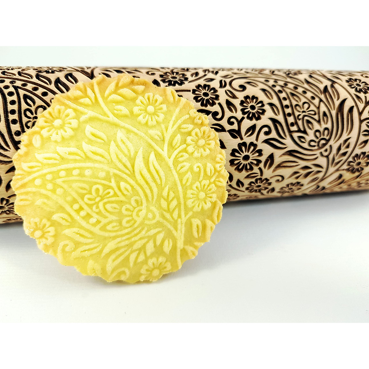 KASHMIR pattern Embossed Rolling Pin. Engraved Dough Roller with Paisley for Embossed Cookies and Pottery by Algis Crafts