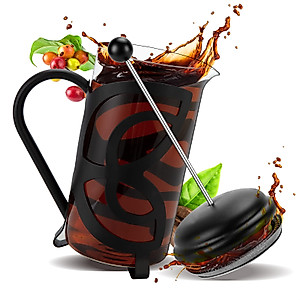 Miuly French Press Coffee Maker,304 Grade Stainless Steel & Heat Resistant Borosilicate Glass, (1 Liter,34OZ), Gift Set with Coffee Measuring Spoon & Two Filter Screens, Black