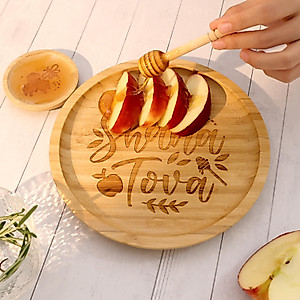 Huray Rayho Rosh Hashanah Apple Plate Set Shana Tova Apple and Honey Dish with Dipper Rosh New Year Hostess Gift Idea Shana Tova Bamboo Wood Server Tray Holiday Party Table Decorations