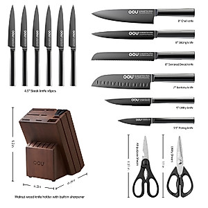 OOU Kitchen Knife Block Set - 15 Pieces High Carbon Stainless Steel Chef Knife Sets, Anti-Rust Black Knives Set with Built-in Sharpener Block, Walnut