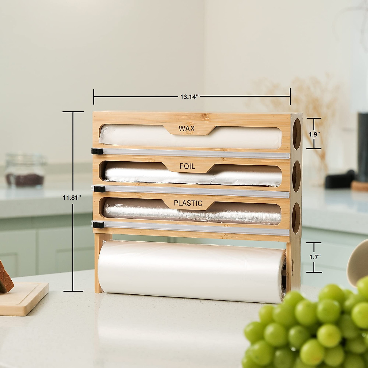 4-in-1 Wrap Dispenser with Slide Cutter - Plastic Wrap, Aluminum Foil, Wax Paper, Towel Roll, Roll Bag Holder Container for Kitchen Drawers - Compatible with 12" Width and Small Thickness Rolls