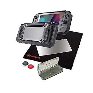 Snakebyte Tough Kit - Accessory Set Including Rubber Hard Case H9 Glass Protector Cleaning Cloth Thumb Grips Game Hard Case for Nintendo Switch - Black - Nintendo Switch