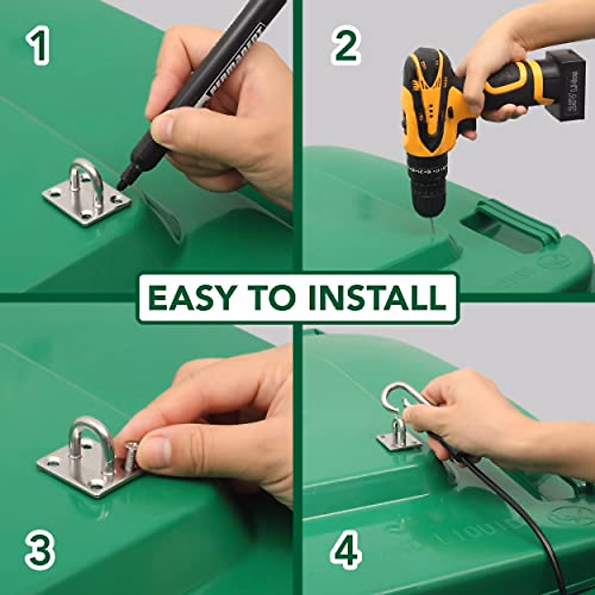 (2-Pack) Garbage Can Lock, Trash Can Lock Kit with Nylon Coated Wire Ropes, Stainless Steel Hasps, Mounting Hardware, Bonus Self-Tapping Screws