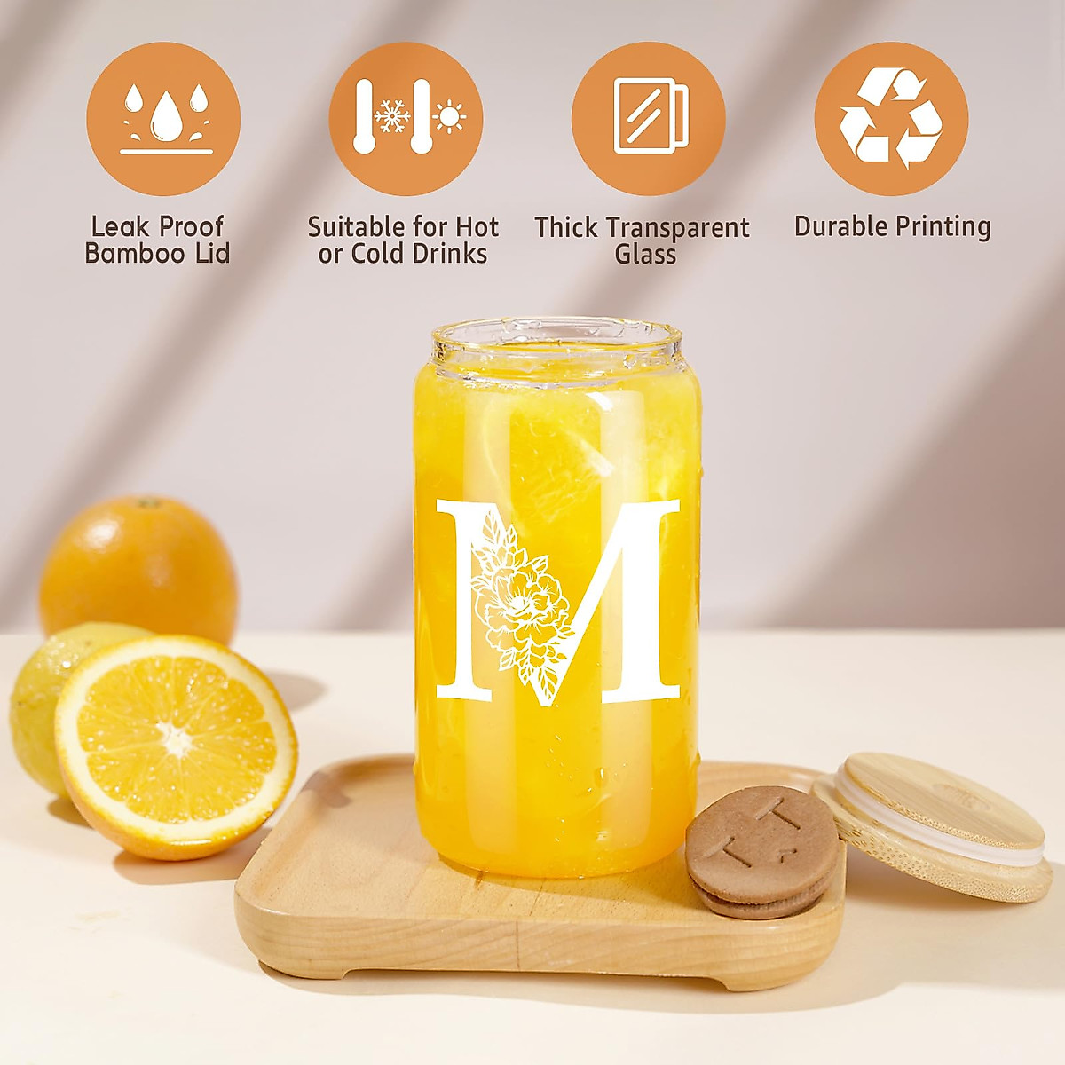 Coolife Initial Glass Cup, Monogrammed Gifts for Women, 16 oz Glass Cups w/Lids Straws, Iced Coffee, Smoothie, Beer Glass Tumbler w/Straw Lid - Personalized Mothers Day, Birthday Gifts for Her Mom