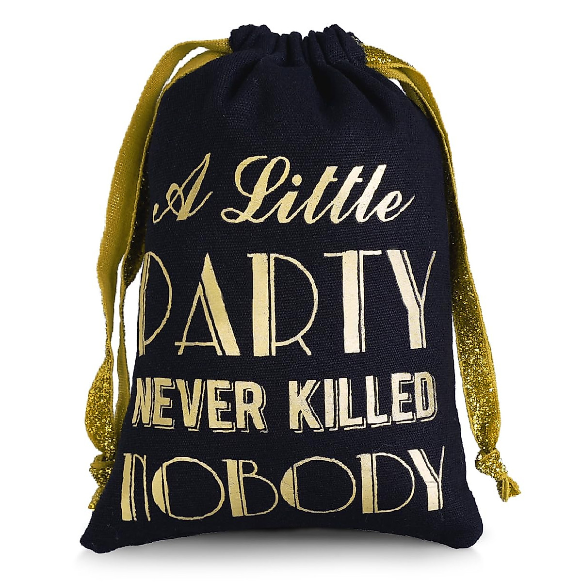 SHERWAY Gold Foil Wedding Bachelorette Party Favor Bags for Hangover Kits, Bridal Shower Wedding Party Cotton Drawstring Bags for Bridesmaid Gifts (10pcs, Black, 5 x 7 Inch)